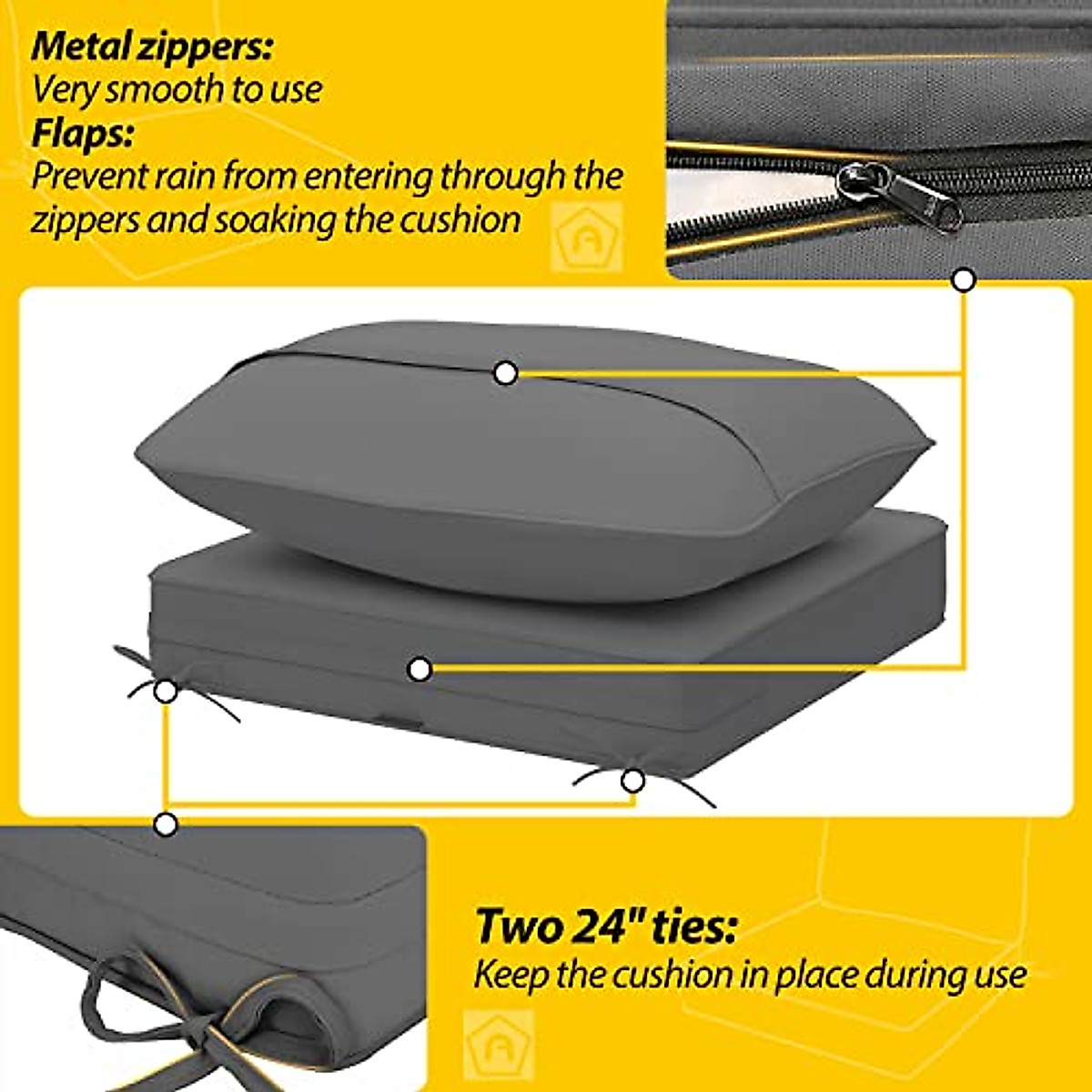 AAAAAcessories Outdoor Deep Seat Cushions for Patio Furniture, Water-Resistant Replacement Patio Chair Cushions Set of2,24 x24 x 5 inch, Darker Gray