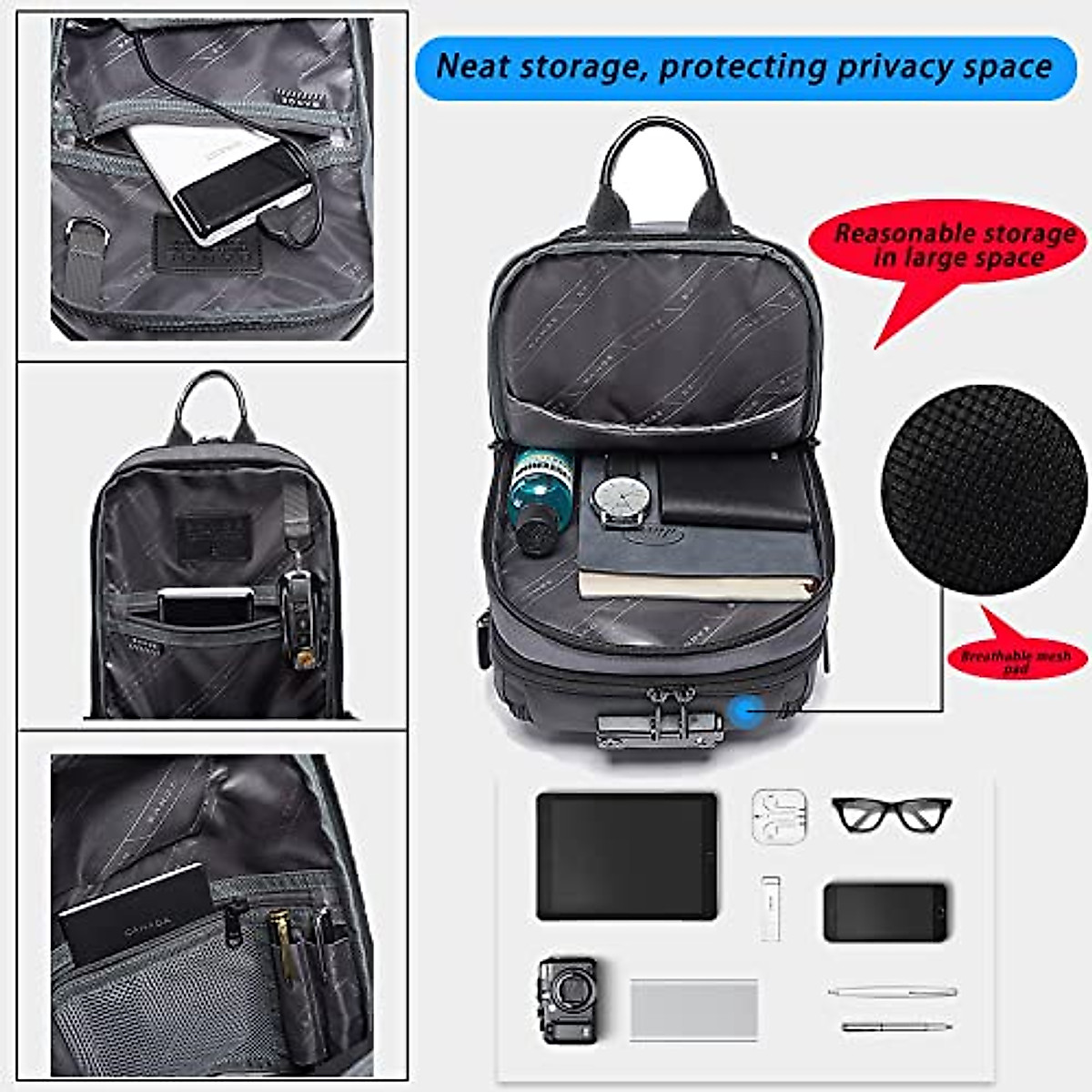 Uaskmeyt Anti Theft Sling Bag Sling Backpack with TSA Lock, Shoulder Bag Crossbody Backpack with USB Charging Port, Water Resistant Over Shoulder Chest Casual Daypacks (Gray)