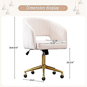 ABET Desk Chair with Wheels, Velvet Home Office Chair, Swivel Armchair with Gold Base, Upholstered Modern Accent Chairs, Back Incline Adjustable for Vanity Living Room Bedroom, Off-White Cream