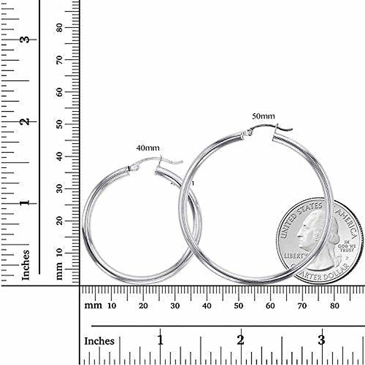 14k REAL White Gold 50MMx3.00MM Thickness Classic Polished Round Tube Hoop Earrings with Snap Post Closure For Women