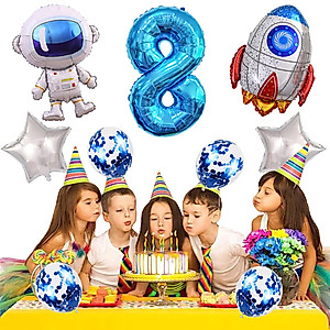 Kawailay Astronaut Rocket 8th Birthday Party Balloons Jumbo Spaceman Birthday Balloons Outer Space Theme Foil Balloons 32 Inch Blue Number 8 Helium Balloon for Birthday Party