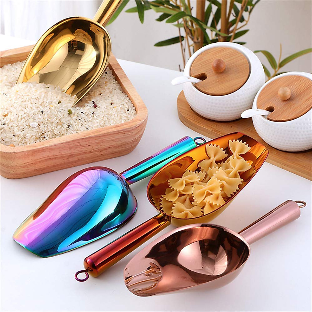 Mingcheng Stainless Steel Ice Scoop and Ice Tongs Small, Round Bottom Bar Ice Utility Scoop, 6 Inches Serving Tongs with Teeth for Large Cubes, Freezer, Ice Bucket Copper, Set of 3 (Rose Gold)