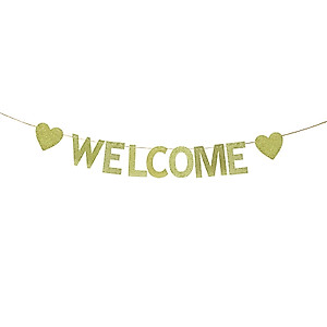 Kunggo Welcome Hanging Sign Banner- Gold Glitter First Day of School, Office, Baby Shower, Homecoming, Reunion, Military Army Homecoming Party Decorations.