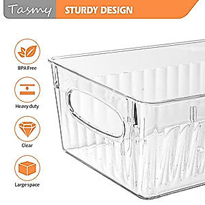 Tasmy Clear Plastic Pantry Organization and Food Storage Bin, Stackable Storage Box with Handle for Refrigerator, Kitchen, Countertops, Cupboard and Freezer Organization, BPA Free, Medium - Set of 6