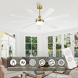LEDLUX 65" DC Motor Ceiling Fan with Light, 6-Speed Remote Control, Reversible Motor, Modern 9 Blades Ceiling Fan with 4.5"/12" Downrods for Home or Commercial White/Gold