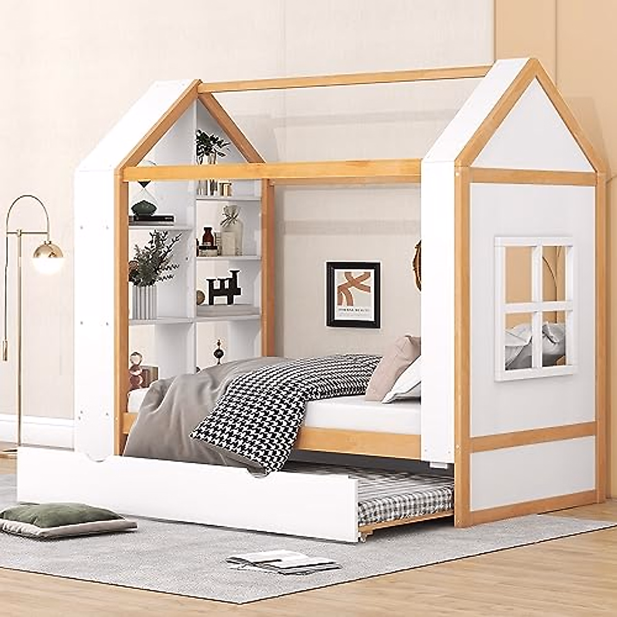 Harper & Bright Designs Twin House Bed for Kids,Wood House Bed with Trundle,Twin Size Platform Bed with Storage Shelves and Window,Twin Playhouse Bed for Girls Boys,White