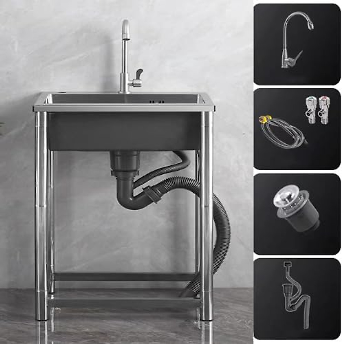 DOUKI Outdoor Stainless Steel Sink, Free Standing Small Sink, Kitchen Sink Single Bowl Prep & Utility Sink, Portable Garden Sink W/Hot and Cold Faucet (Size : 18 x16 inch (45x40 cm))