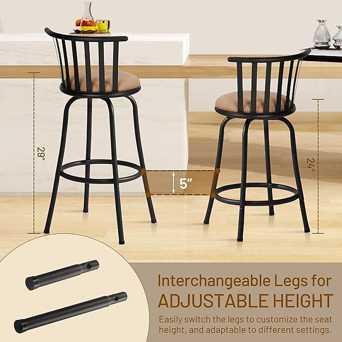 FurnitureR 24 INCH Country Style Industrial Counter Bar Stools Set of 2, Swivel Barstools with Metal Back, with Fabric Seat and Footrest for Indoor Bar Dining Kitchen, Brown