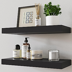 Bellsal Floating Shelves, Black Engineered Wood Wall Shelf Set of 2, 15" Wall Mounted Floating Shelf, Hanging Wooden Shelf Invisible with Brackets for Bedroom, Kitchen, Living Room, Bathroom Decor