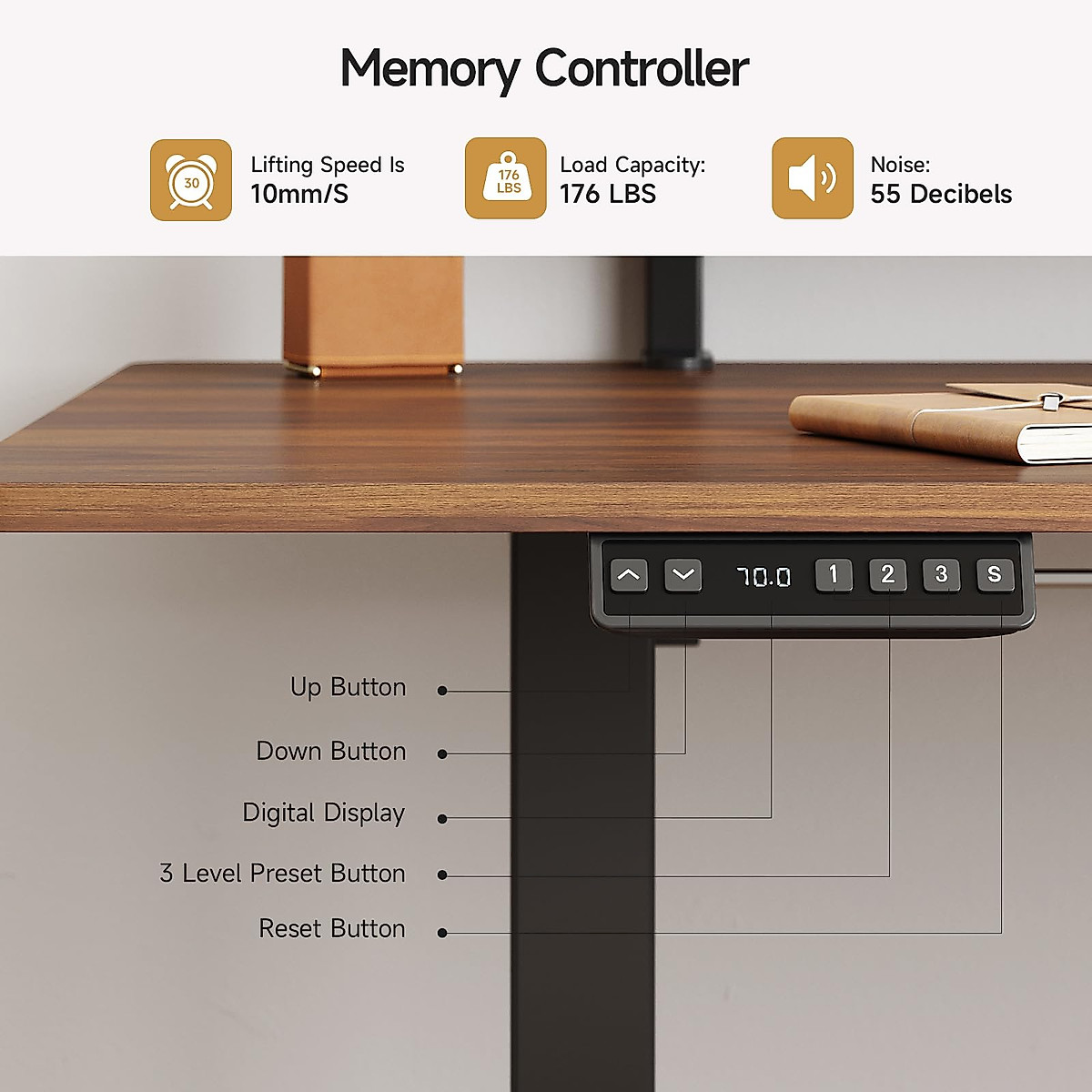 ONBRILL Standing Desk with 2 Adjustable Monitor Shelves, 47 x 24 Inches Electric Stand Up Desk with Memory Controller and Adjustable Height from 28-46 inches for Computer Workstations Brown