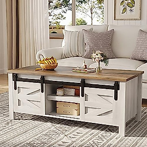 Furmax Coffee Table with Storage and Sliding Barn Doors, Farmhouse Living Room Table with Adjustable Shelves, Wood Rustic Center Table for Home Living Meeting Room (Antique White)