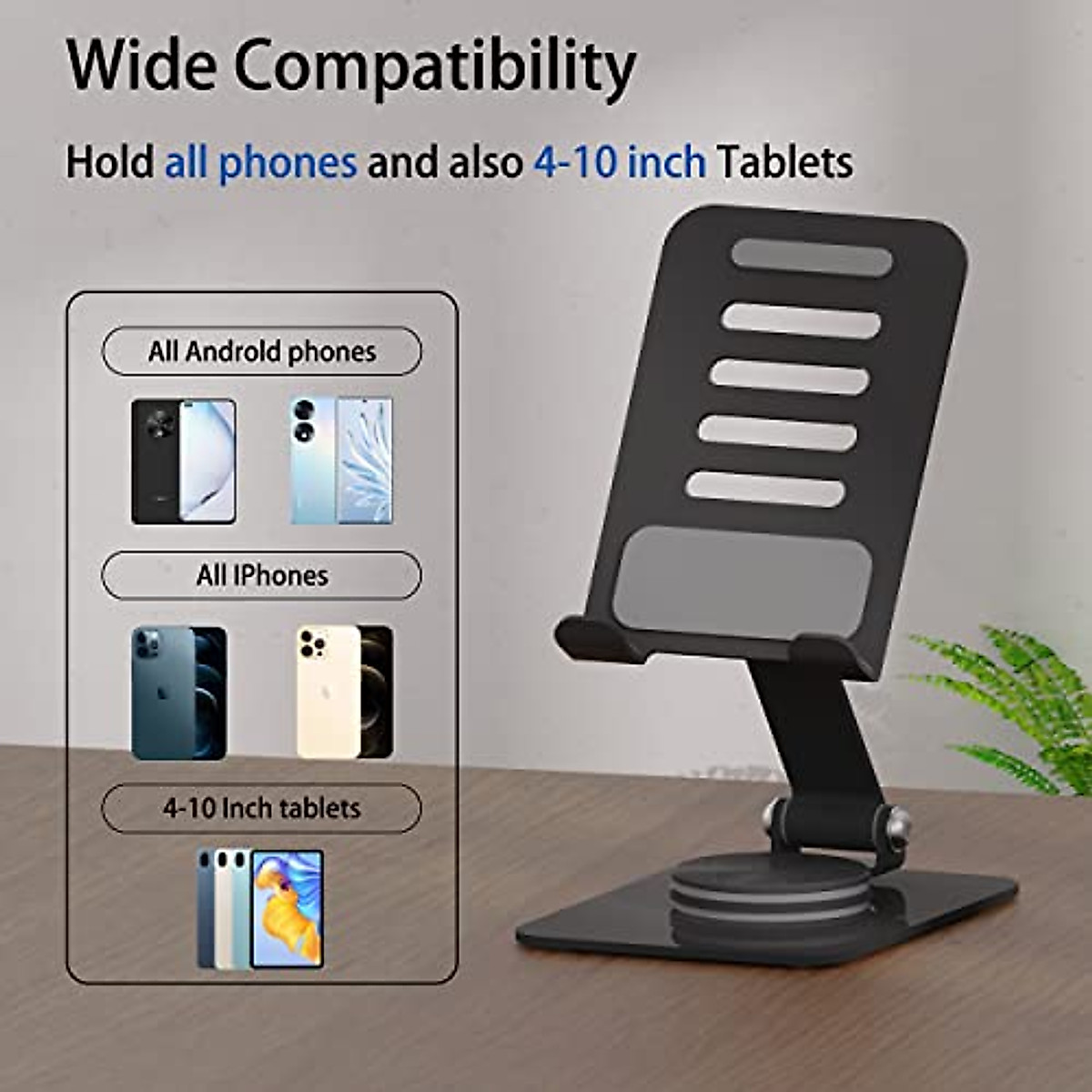 Vekesen Adjustable Foldable Cell Phone Stand 360° Rotating Cellphone Stand Holder iPhone Stand Compatible with All iPhone iPad Tablet 4-10'' Office Desk Accessories (Black)