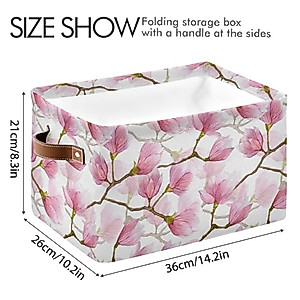 Pink Magnolia Flowers Storage Basket Bins Decorative Toy Organizer Bins Laundry Hamper Baskets with Handles for Living Room Clothes Nursery Closet Shelf Playroom,2 pcs