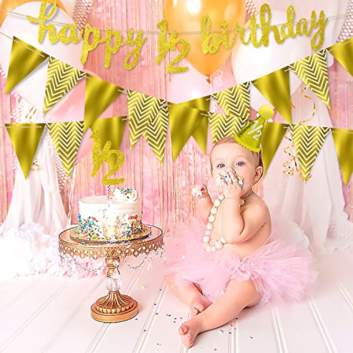 LHMTQVK Happy 1/2 Birthday Banner Pre-Strung 6 Months Banner, Half Birthday Banner 1/2 Birthday Crown Hat, 1/2 Half Year Cake Topper- for Baby's 6 Months Birthday Party Decoration Set… (Gold)