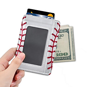 Nincrane Linomo Thin Leather Card Holder and Money Clip Baseball Print Sport Ball Wallet RFID Blocking for Men & Women