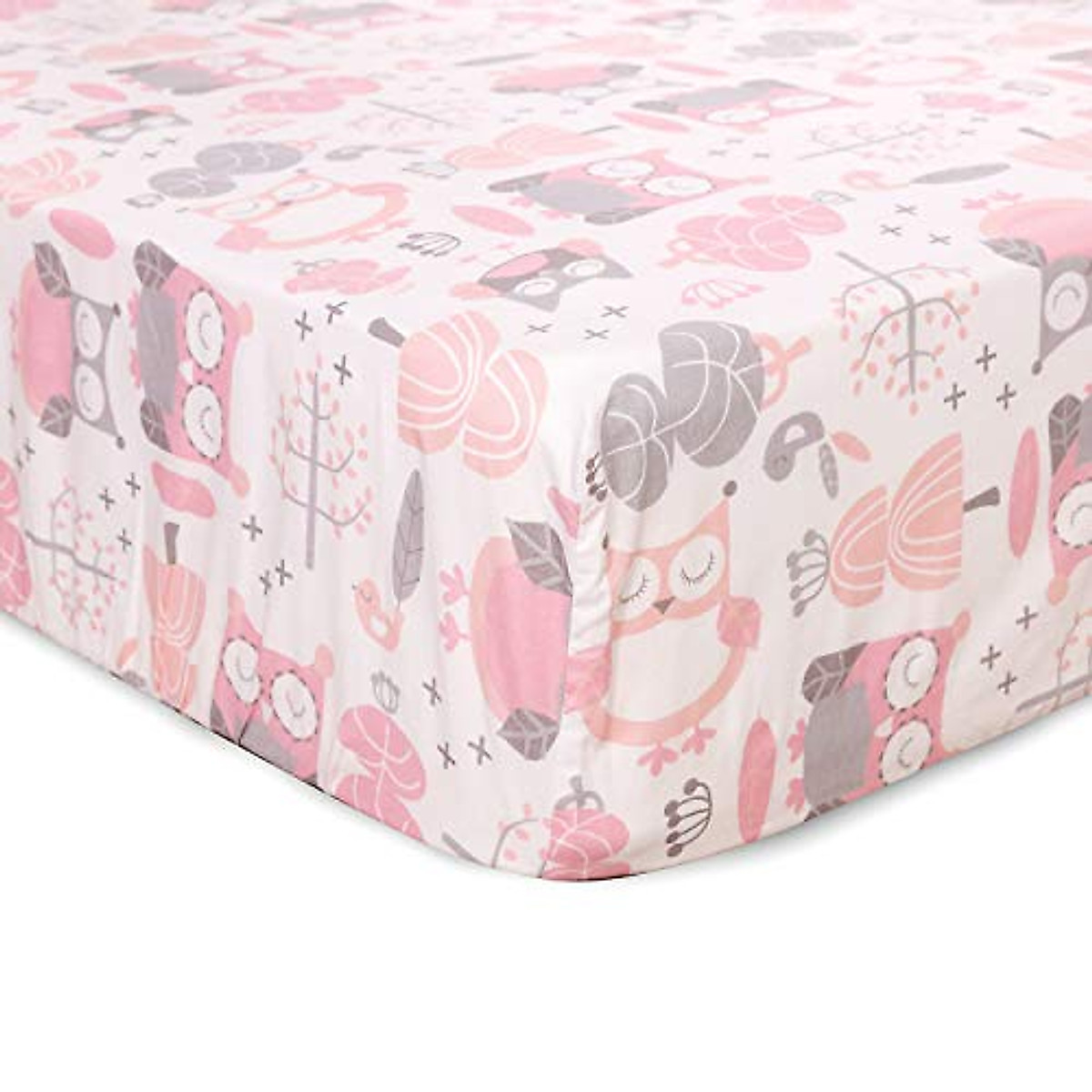Levtex Baby - Night Owl Pink Crib Bed Set - Baby Nursery Set - Pink, Grey, White - Owls in a Tree - 5 Piece Set Includes Quilt, Fitted Sheet, Diaper Stacker, Wall Decal & Crib Skirt/Dust Ruffle