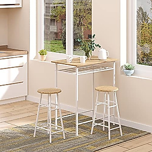 HOMCOM 3 Piece Counter Height Bar Table and Chairs Set, Space Saving Dining Table with 2 Matching Stools, Storage Shelf Metal Frame Footrest, White, Oak