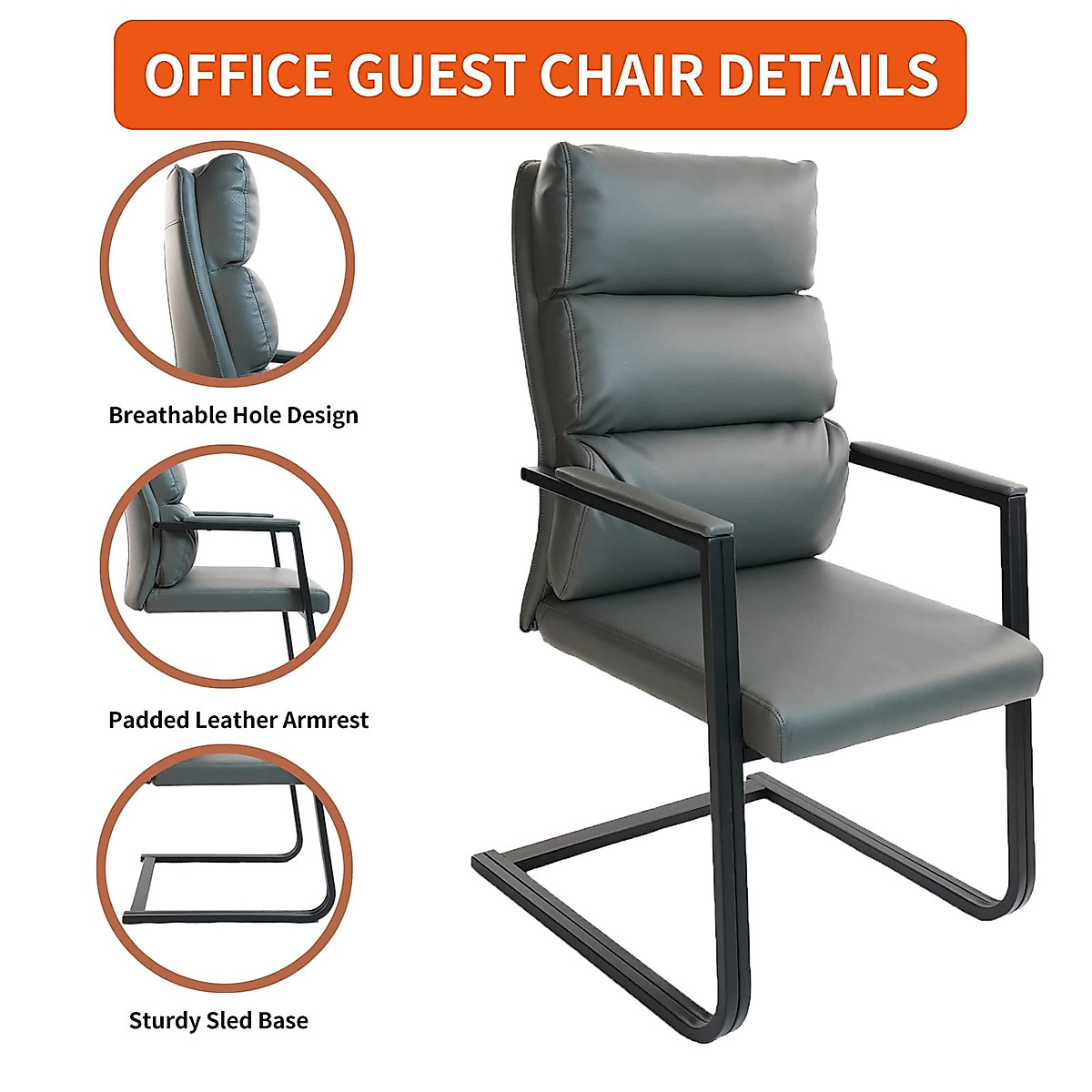 CLATINA Big Tall Office Guest Chair Upholstered Leather Comfortable Reception Chairs with Bonded Padded Arm Rest Sled Base for Conference Waiting Room Home Gray Set of 4