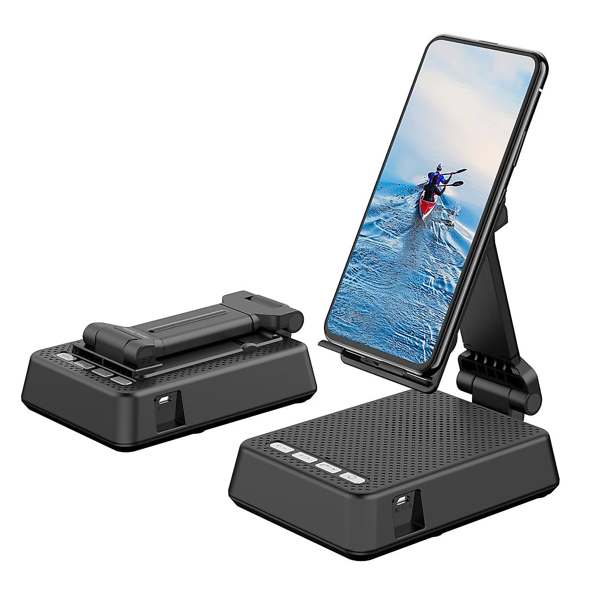 VIGROS Cell Phone Stand with Wireless Bluetooth 5.2 Speaker for Desk Anti-Slip Base HD Stereo Sound for Home and Outdoors with Speaker Compatible with iPhone Cell Phone Tablets