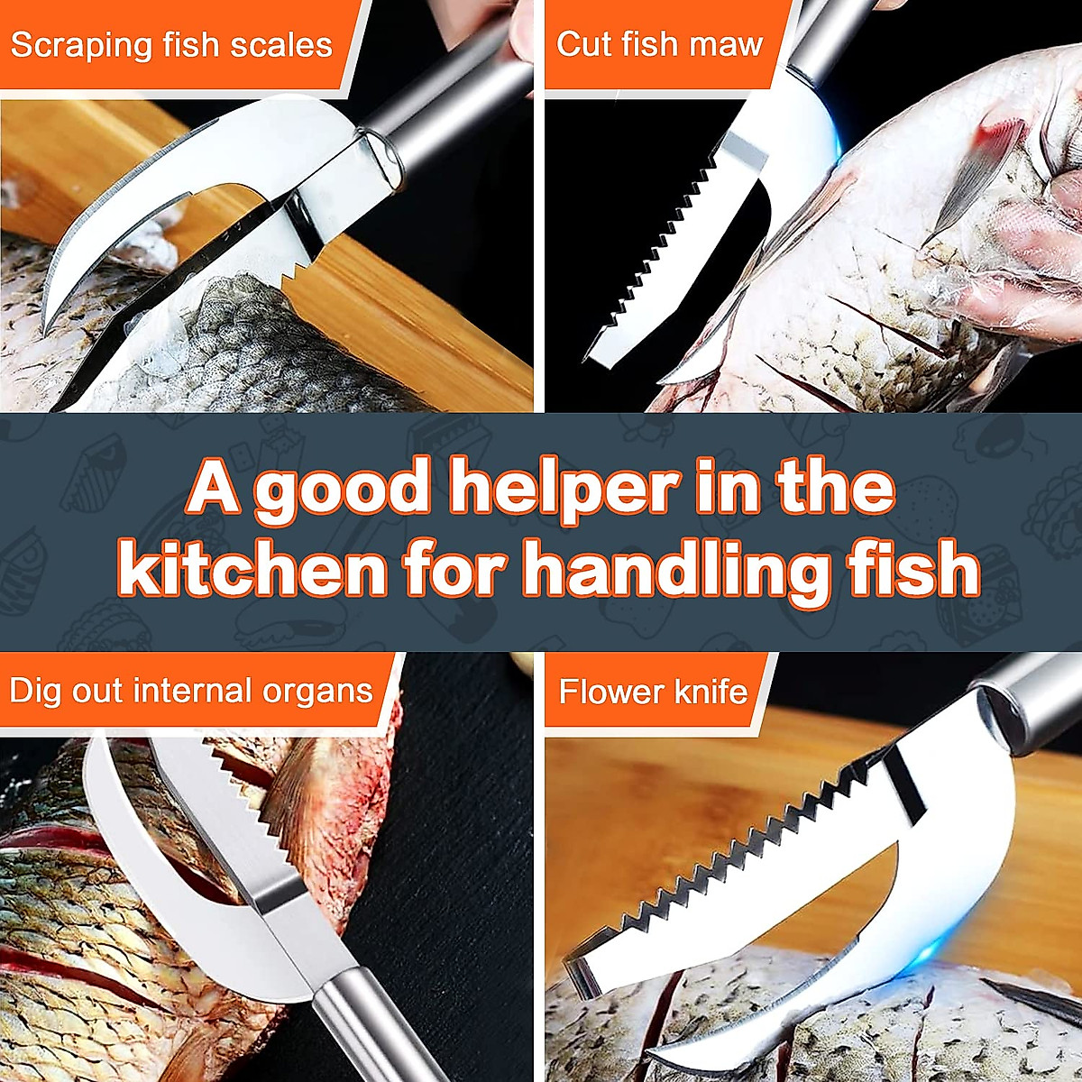 Fish Scale Knife Cut Scrape Dig 3-in-1 Tool, Stainless Steel Fish Maw Knife Fish Scaler Remover, Multifunction Fish Peeler Open Belly and Dig Out Fish Cleaner Tool Kitchen Accessory