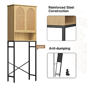 Rattan Toilet Storage Cabinet, Over the Rack Wood Cabinet with Metal Stand, Bathroom Organizer with Adjustable Shelf, Tall Freestanding Washer Shelf, Small Cupboard, Space Saver, Natural style