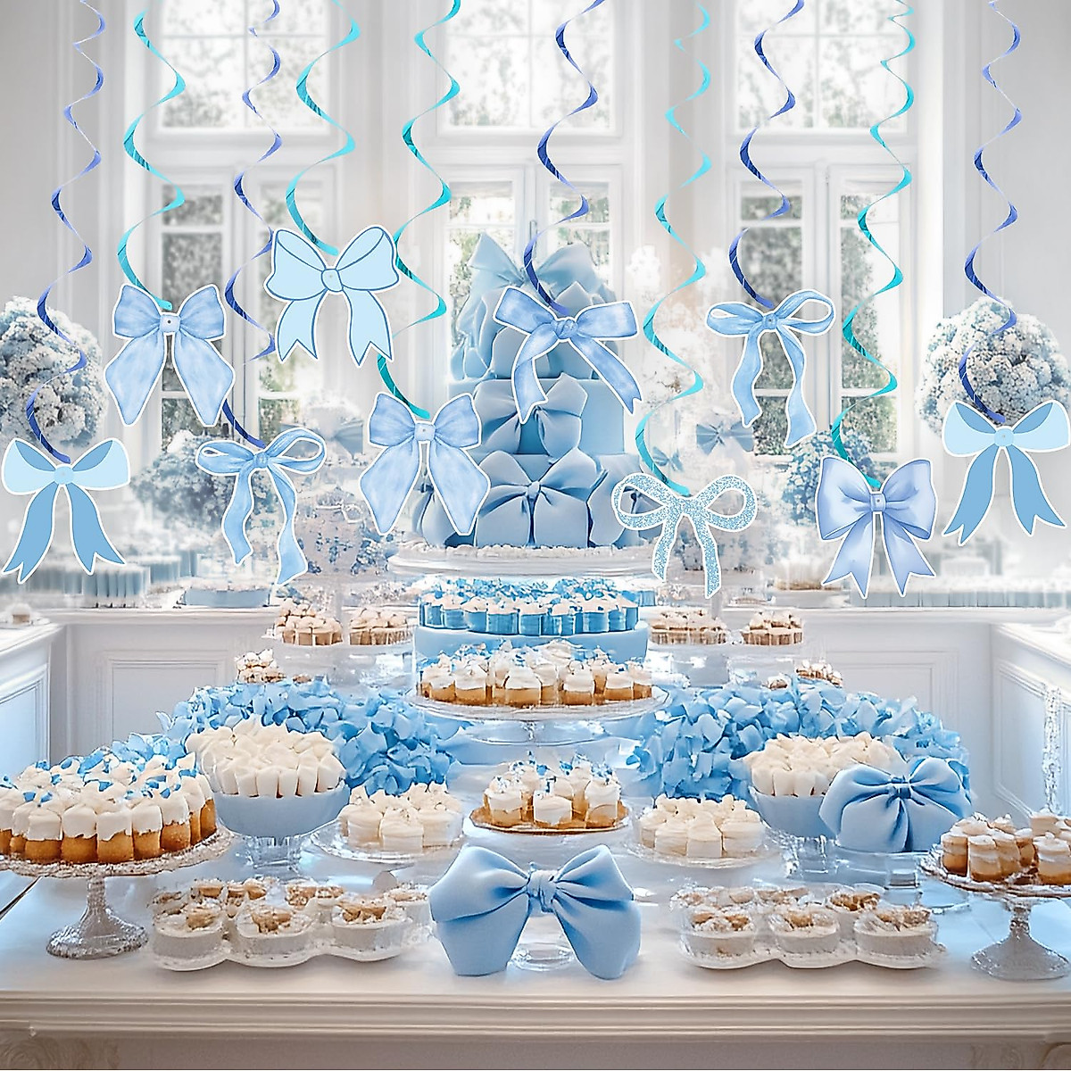 Bow Birthday Party Hanging Swirls Decorations, Coquette Birthday Decorations Blue Bow Party Decorations for Baby Shower Bridal Bachelorette Wedding Party Decor