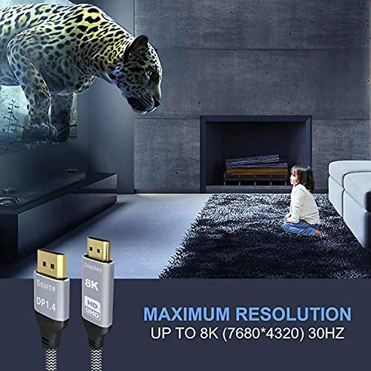 CableDeconn DisplayPort 1.4 to HDMI 2.1 8K Cable 2 m Converter 8K @ 30Hz 4K @ 120Hz Directional Compatible with DisplayPort PC and HDMI Displays