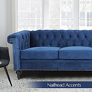 Vaztrlus Chesterfield Velvet Sofas for Living Room, Traditional Square Arm 3-Seater Sofa 82.5" Couch Deep Button Nailhead Tufted Blue Upholstered Couches Removable Cushion Easy to Assemble