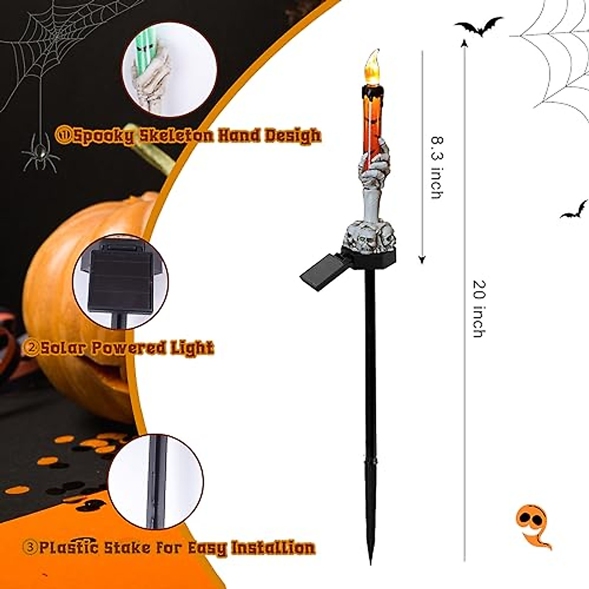 YBB 3 Pack Solar Skeleton Ghost Hands Candle Stake Lights, LED Skull Garden Lawn Yard Pathway Landscape Lights for Halloween Outdoor Decoration