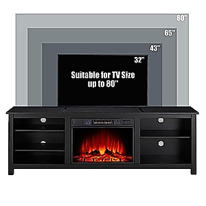 AMERLIFE Fireplace TV Stand, Wood Texture Entertainment Center with 23'' Electric Fireplace, Farmhouse Entertainment Stand Media TV Console for TVs Up to 80'', 70 inches, Black