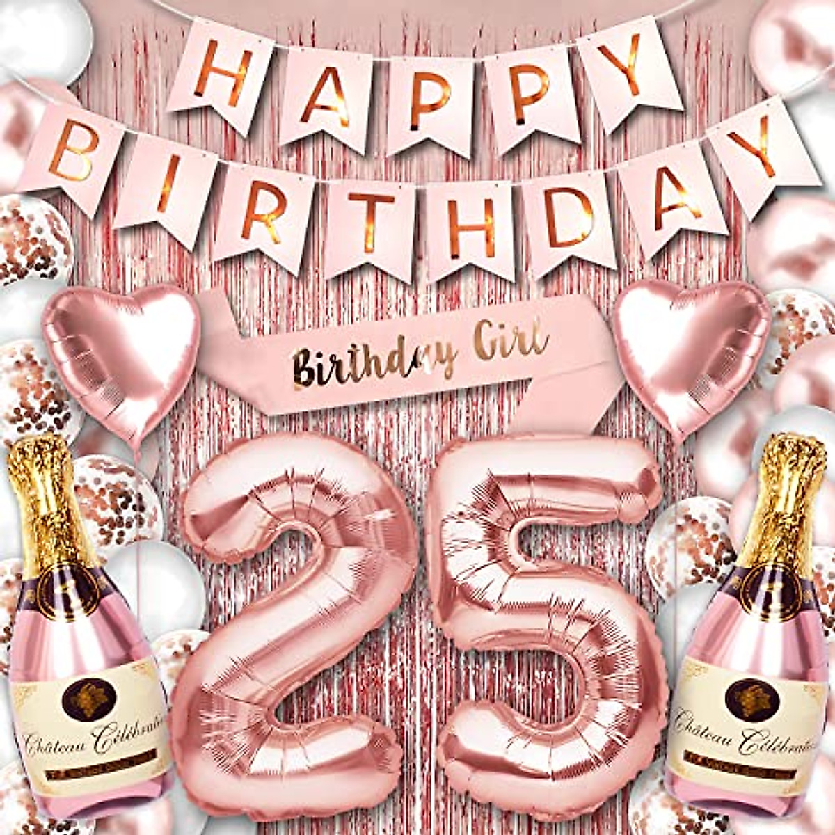 25th Birthday Party Decorations for Her Rose Gold Supplies Big Set with Birthday Banner and 25 BDay Digit Balloons for Women Including Latex and Confetti Balloons