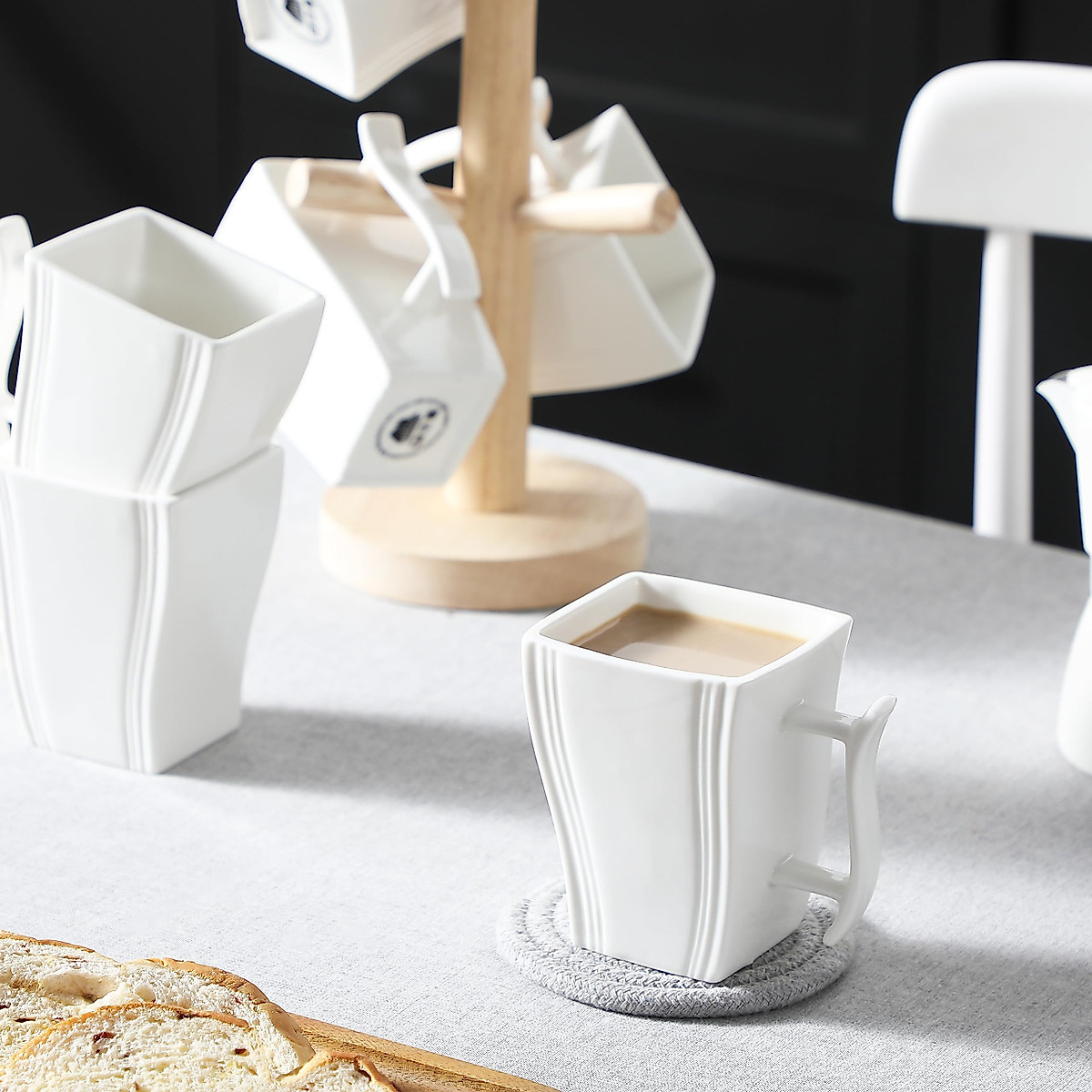 MALACASA Coffee Mugs, Porcelain Mug Set of 6, Square 11 oz White Coffee Cups with Handles for Man Woman, Modern Ceramic Mugs Set for Coffee, Latte, Cappuccino, Tea, Milk, Mocha, Cereal, Series FLORA