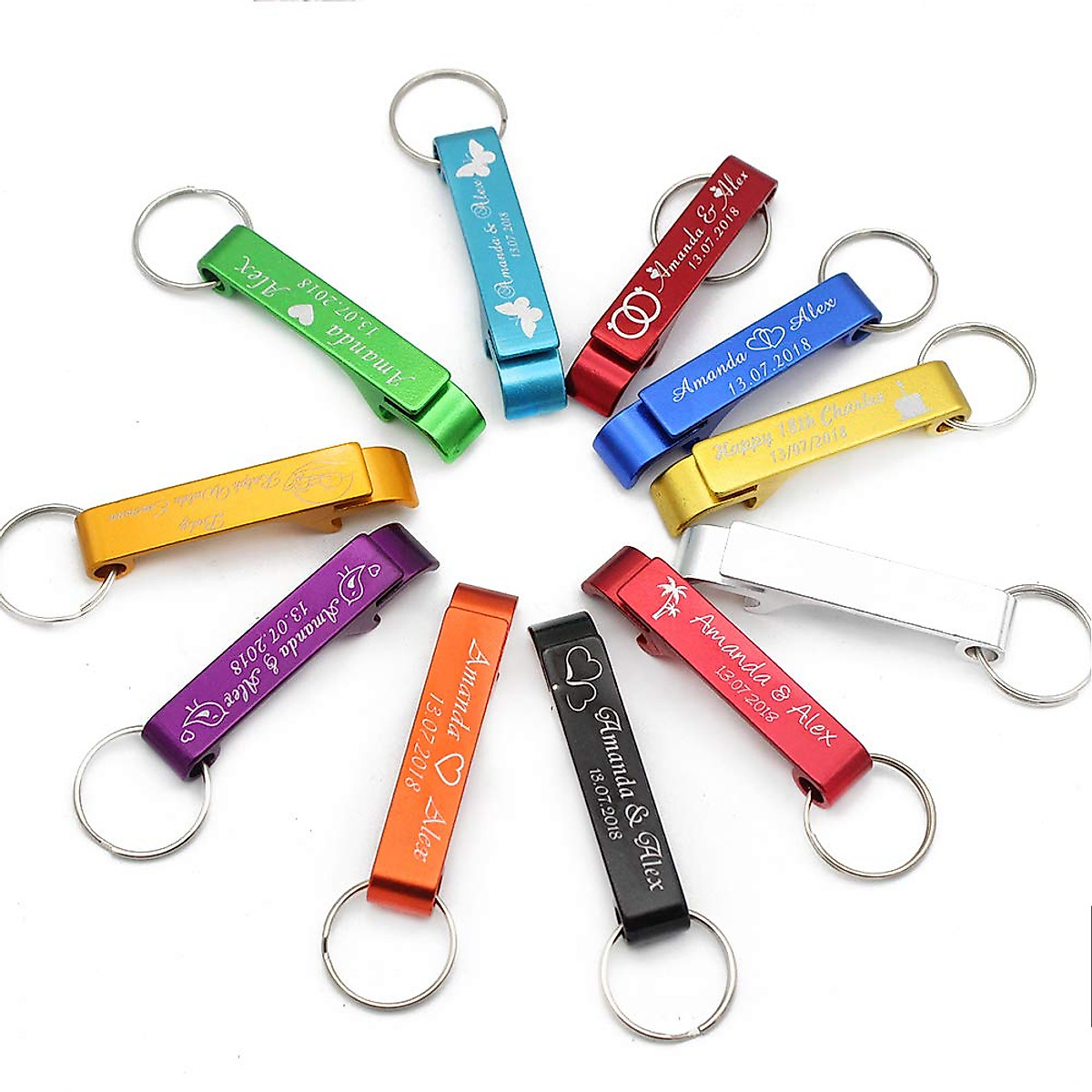Clibeslty 100Pcs Personalized Bottle Opener Keychain Custom Bottle Opener Wedding Favors, Birthdays, Business Halloween Christmas Party Favors Gift