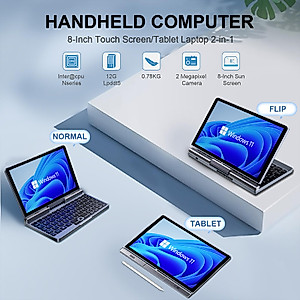 Mini Laptop 8 inch HD Touchscreen Portable 2 in 1 Computer, Windows 11 Pro Small Gaming Laptop,Intel N100 12 GB LPDDR5 1 TB M.2 SSD,WiFi 6,BT5.2 2 MP Camera,G-Sensor,HDMI,Type C