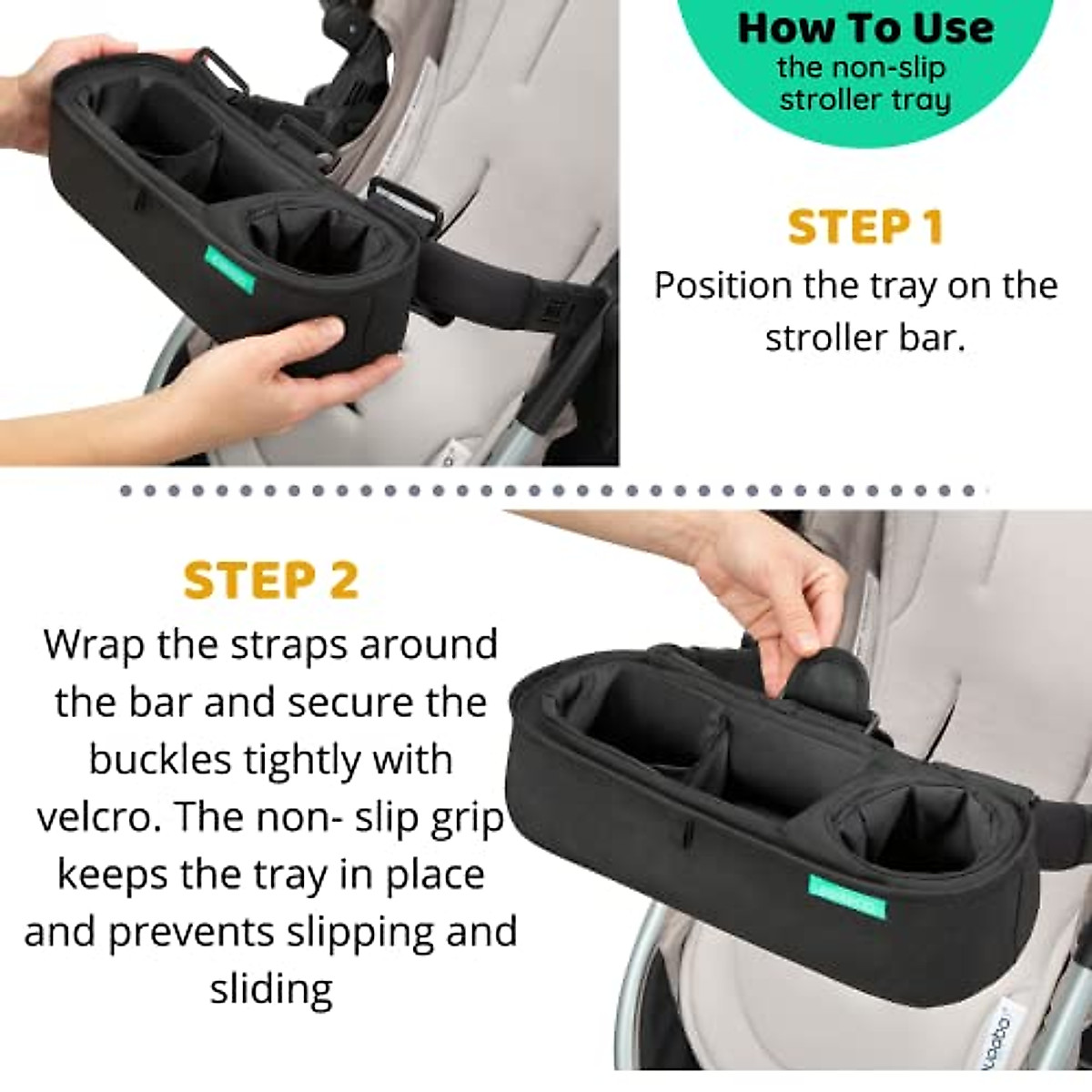 Universal Stroller Tray with Insulated Sippy Cup Holder - Upgraded Rigid Frame Stays Upright - Exclusive Non Slip Straps Firmly Grip Stroller Bar. Universal Stroller Snack Tray Attachment