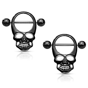Pierced Owl 14G Stainless Steel Skull Head Nipple Shields, Sold as a Pair (Black)