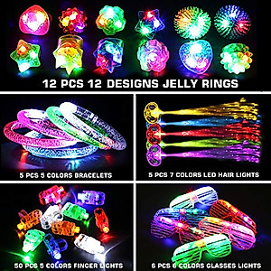 78PCs LED Light Up Toy Party Favors Glow In The Dark,Party Supplies Bulk For Adult Kids Birthday Halloween With 50 Finger Light, 12 Jelly Ring, 6 Flashing Glasses, 5 Bracelet, 5 Fiber Optic Hair Light