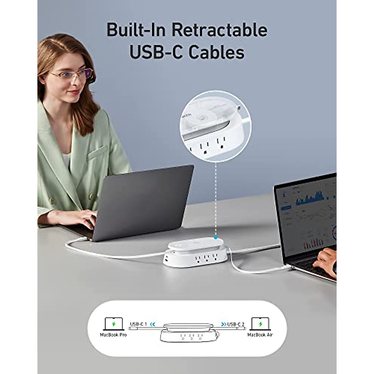 Anker 647 Charging Station (100W), 10-in-1 Power Strip with 6 AC, 1 USB-A, 1 USB-C, 2 Retractable USB C Cables (3ft), 5ft Extension Cord,Power Delivery for Conference Rooms, Desktop Accessory