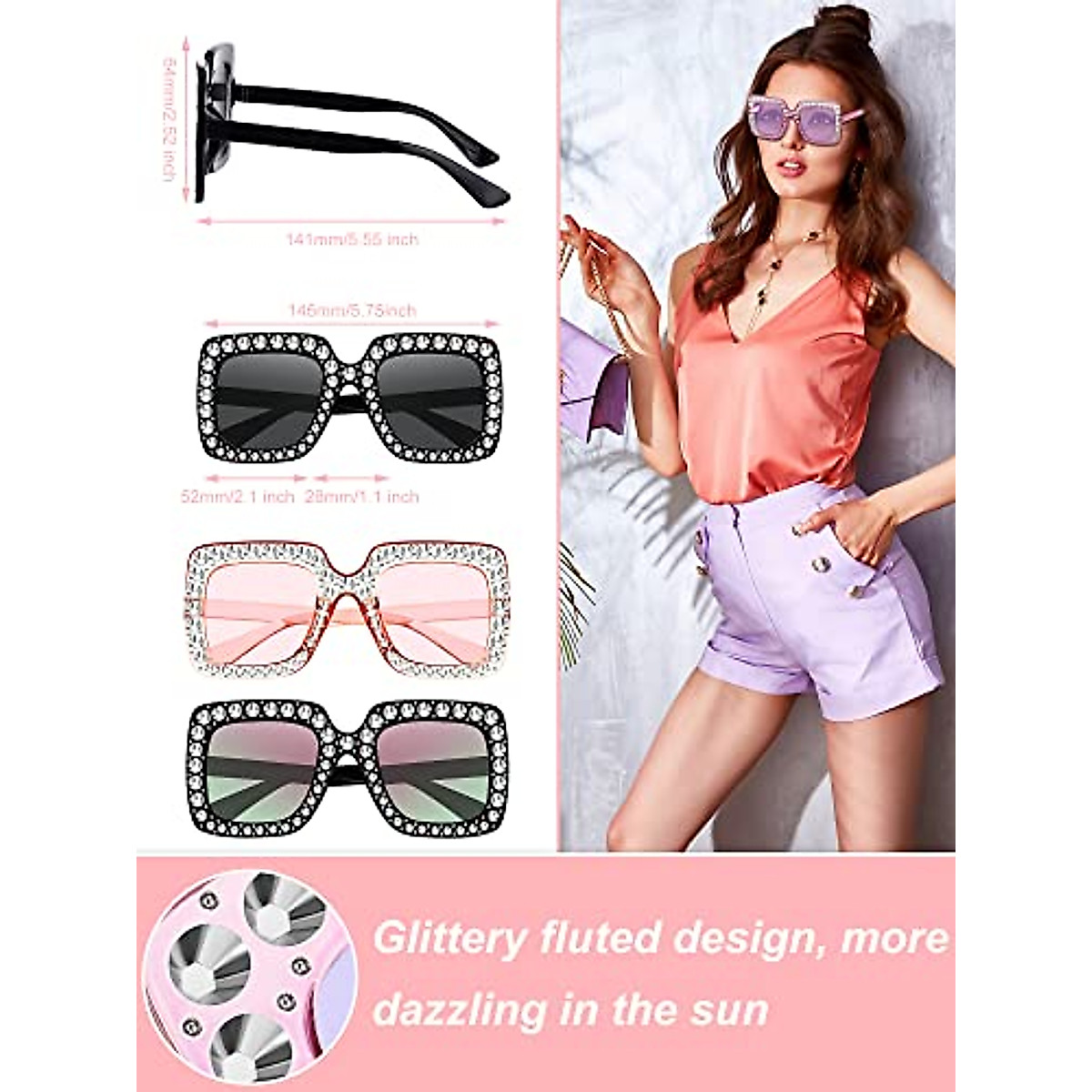 12 Pairs Crystal Oversized Sunglasses Rhinestone Square Diamond Sunglasses Frame Retro Sparkling Glasses for Women Men(Bright Colors)