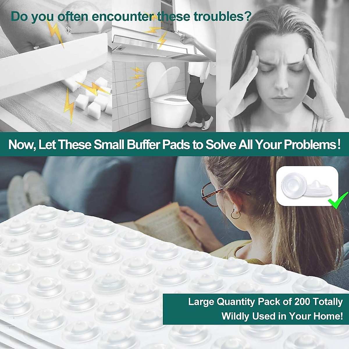 Cabinet Door Bumpers Pack of 200 Self Adhesive Bumpers Pads, Sound Dampening Circular Dots Cupboard Bumpers Clear, Soft Rubber for Drawers, Table Tops, Laptop