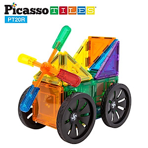 PicassoTiles 20 Piece Magnetic Building Blocks with Detachable Wheels and Windmill Click-in Inserts Magnet Construction Toy Car Set STEM Learning Kit Educational Playset Child Brain Development PT20R