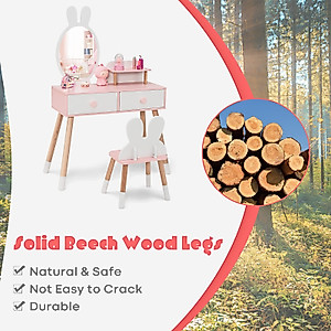 KOTEK Kids Vanity Set with Mirror, Wooden Princess Makeup Dressing Table with Stool, 2 Storage Drawers & Display Shelf, Girls Pretend Play Vanity for Toddler (White)