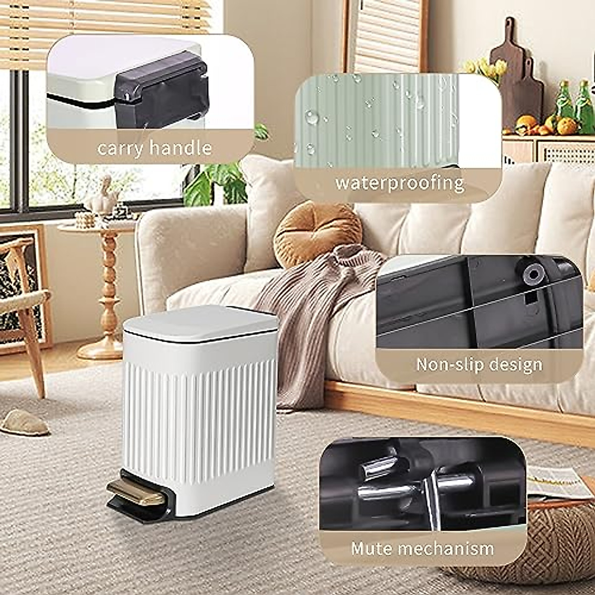 Trash Can 6 Liter/1.6 Gallon Stainless Steel with Step Pedal and Buffer Function Slim Rectangle Garbage Can Wastebasket Designed for Toilet, Kitchen, Office(Color:Green)