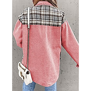Astylish Women Plaid Boyfriend Jean Jacket Long Sleeve Button Down Oversized Plaid Denim Shacket Jackets Barbie Pink Large