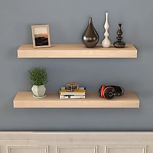 Elegant 2 Piece Rectangle Shape Decor & Organizer, Rustic Style Solid Wood Floating Shelves with Invisible Brackets Size: 1.57"H x 16"W x 6"D | Natural Brown Modern Design Durable & Easy Installation