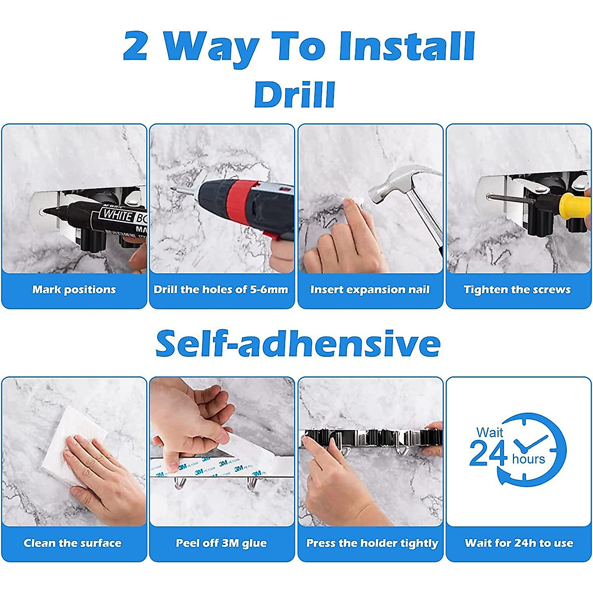 YUBYFA 2 Pack Mop Broom Holder Wall Mount self adhesive, Heavy Duty Stainless Steel with 4 Racks with 3 Hooks,14.7" L x 1.5" H,making Tools Organized and Within Reach(Black)