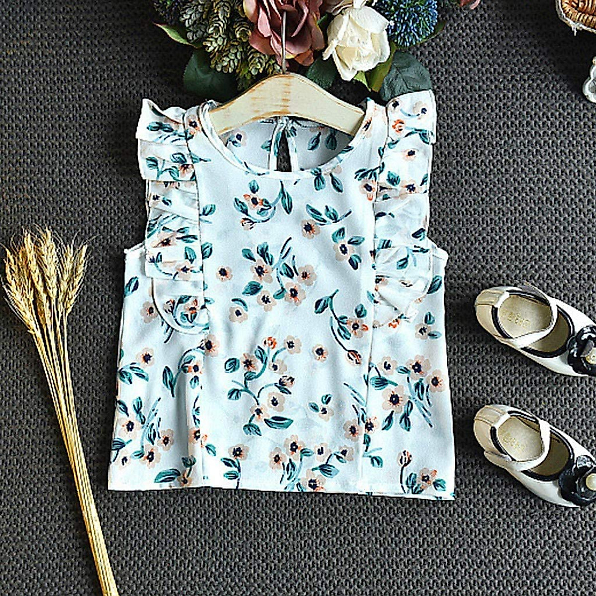 Guodeunh Baby Toddler Girls Summer Outfits Kids Flower Print T-Shirt Sleeveless Top Belt Shorts Pants Set(Green,6-7Years)