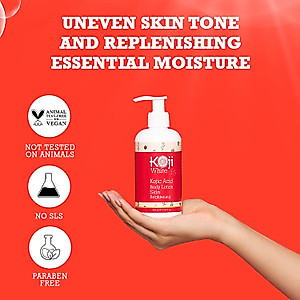 Koji White Kojic Acid Skin Brightening Body Lotion - Daily Moisturizer & Glowing Skin, Dark Spots, Boost Hydrating, Sun Damage Skin, Uneven Skin Tone, Paraben-Free, Vegan, 8.45 Fl Oz Bottle