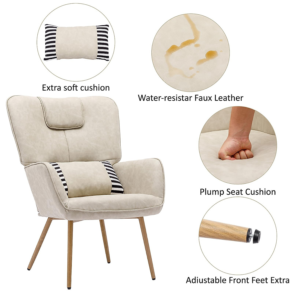 FERFALDER Upholstered Wingback Chair, Beige Accent Chair, Comfy Living Room Chairs, Faux Leather Arm Chair for Living Room, Bedroom, Office and Study