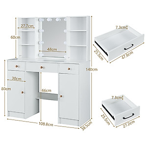 JBLCC Makeup Vanity Desk with Lights Mirror, Large Vanity Desk with Storage Shelf & Drawers,Makeup Vanity Dressing Table with Cushioned Stool for Bedroom (jbl 3072)